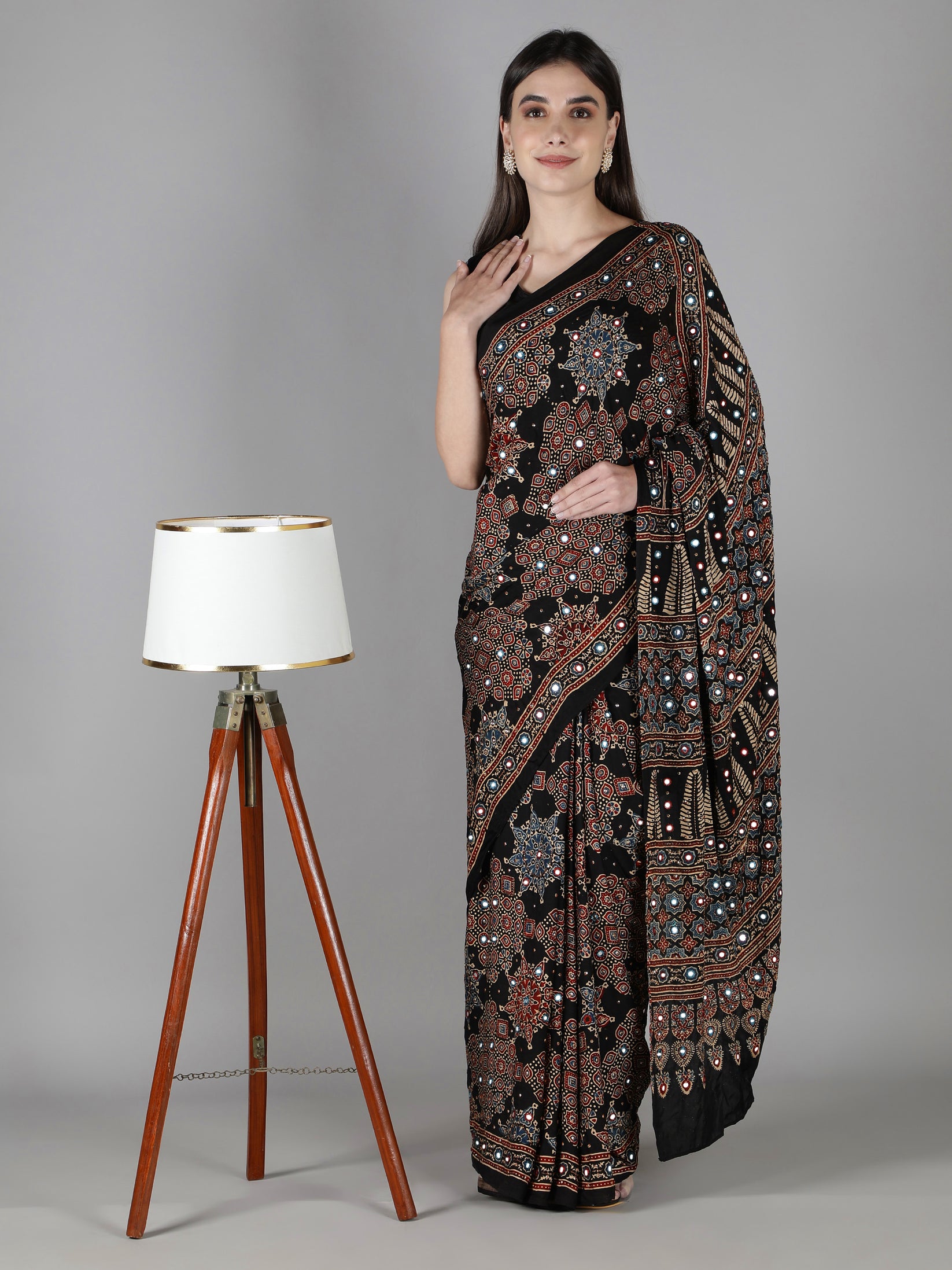Midnight Black Boota Ajrakh Saree – Sheeshakari